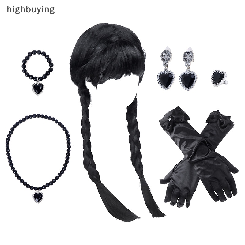 HBMY 1Set Wednesday Addams Cosplay Costume Wigs Necklace Earrings ...