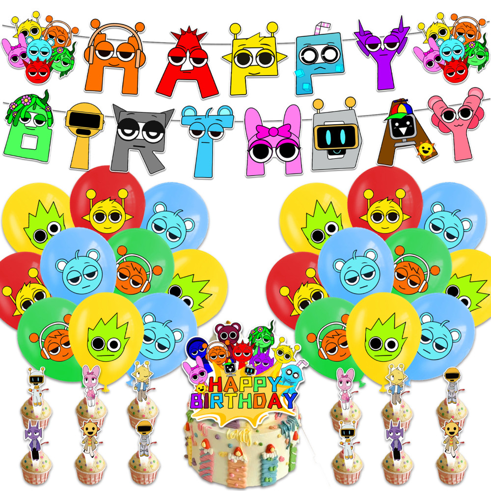 SPRUNKI themed birthday party set, including flags, cake toppers ...