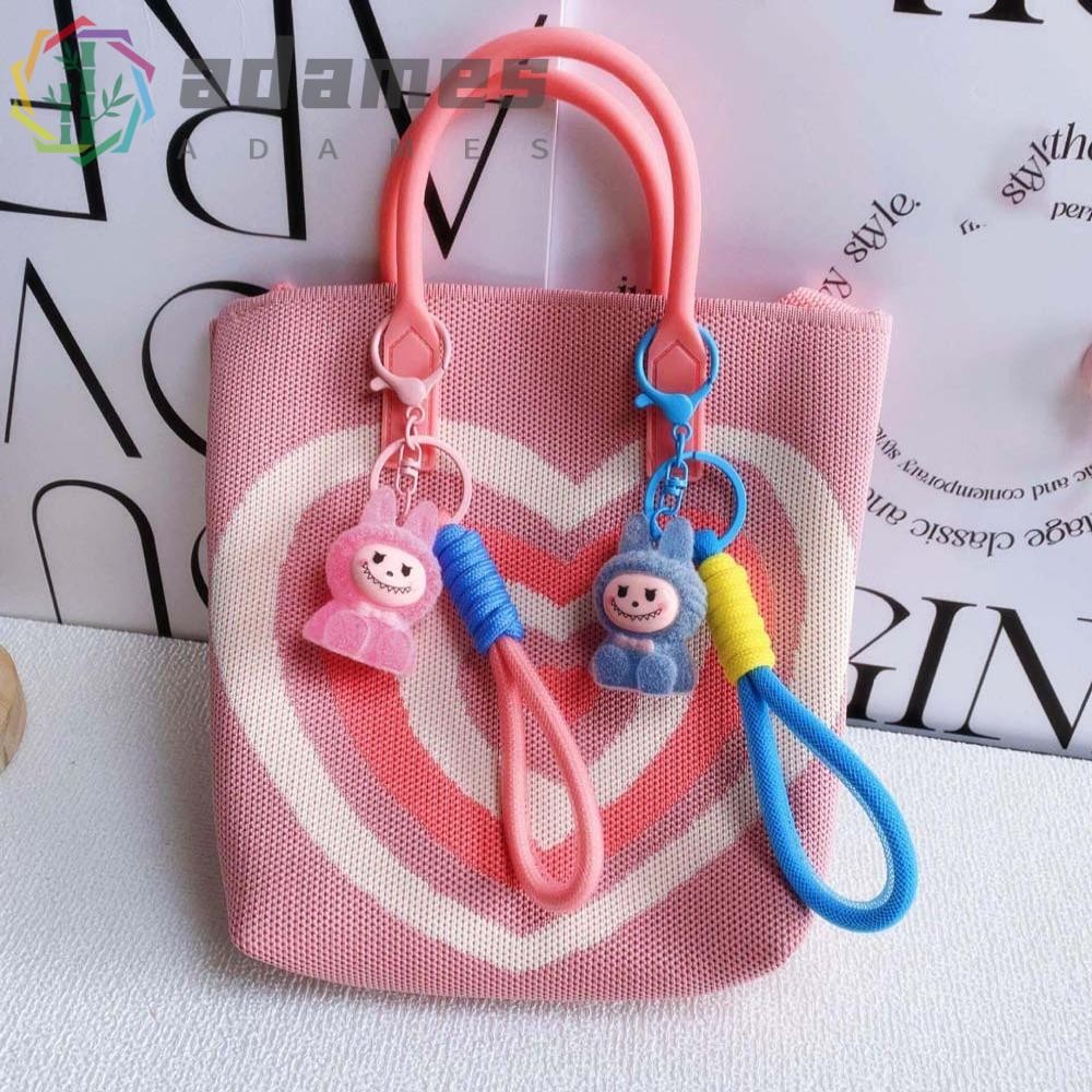 ADAMES Flocking Labubu Key Ring, Wrist Rope Glowing Sit Down Labubu ...