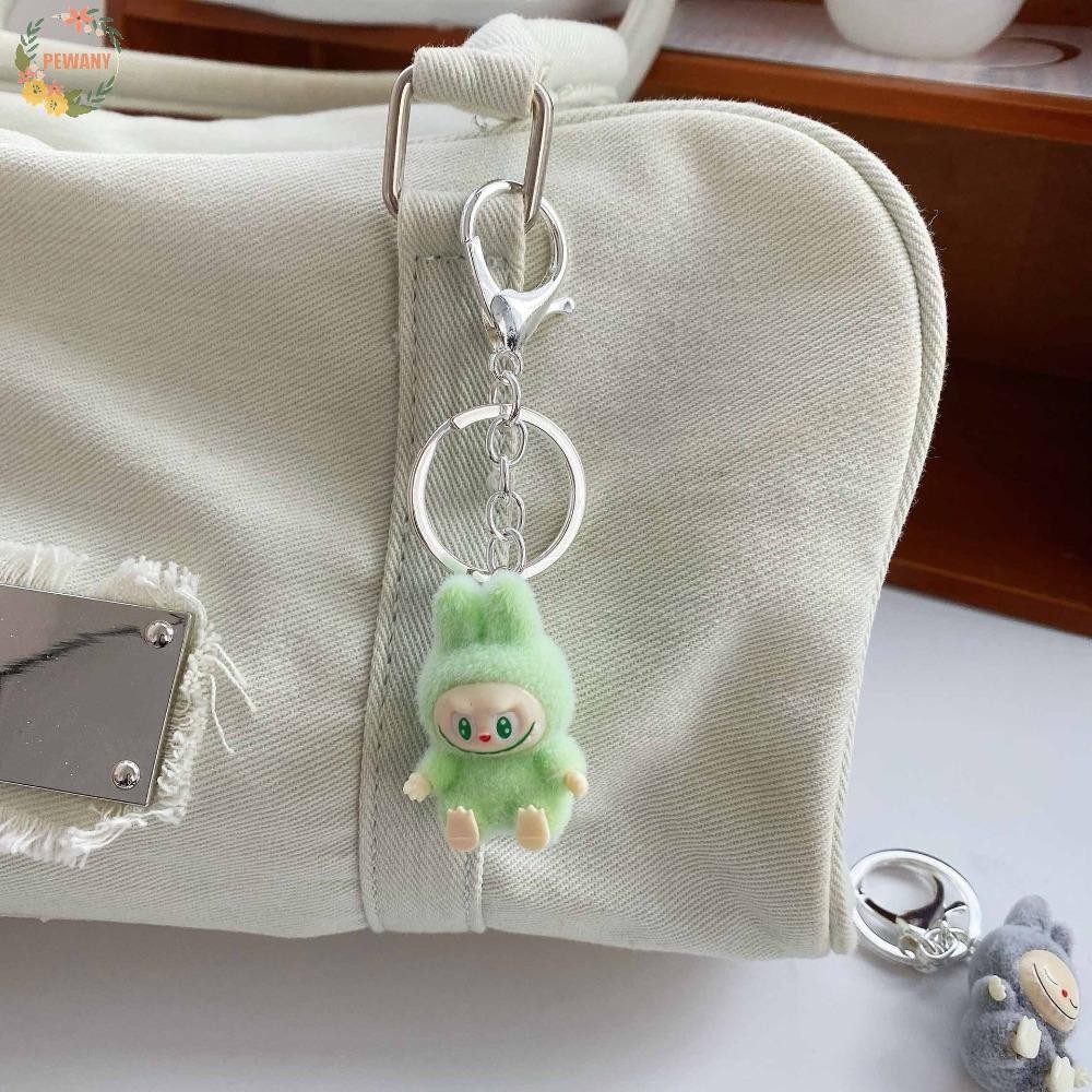 PEWANY Flocking Labubu Key Ring, Silica Gel Bag Charm Sit Down Labubu ...