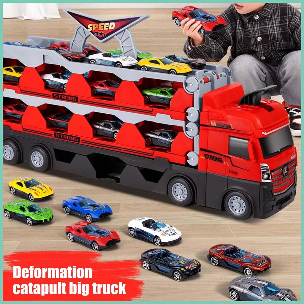 Car Transporter Toy Truck Foldable Double Race Track and Eject Car ...
