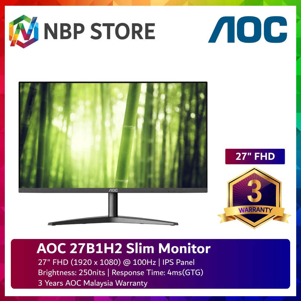 AOC 27B1H2 27" FHD 100Hz Ultra Slim Monitor ( HDMI, VGA, 3 Yrs Warranty ...