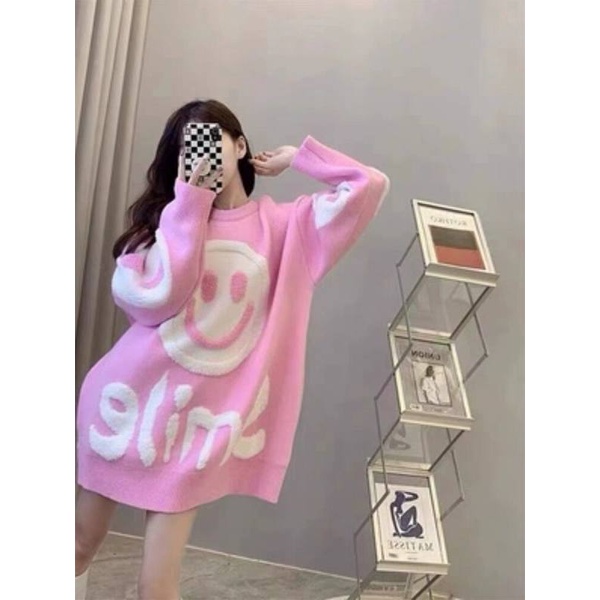 Smiley Face Sweater Women 2023 Autumn Winter New Style Loose Slimmer