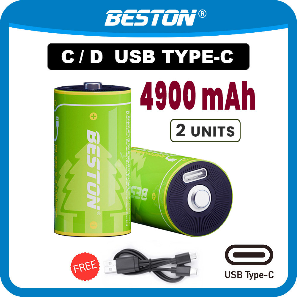 Beston 2pcs C/D size USB TYPE-C 1.5V Li-ion Rechargeable Batteries ...