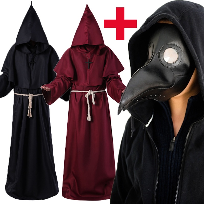 Halloween Medieval Hooded Robe Plague Doctor Witch Costume Mask Hat for ...