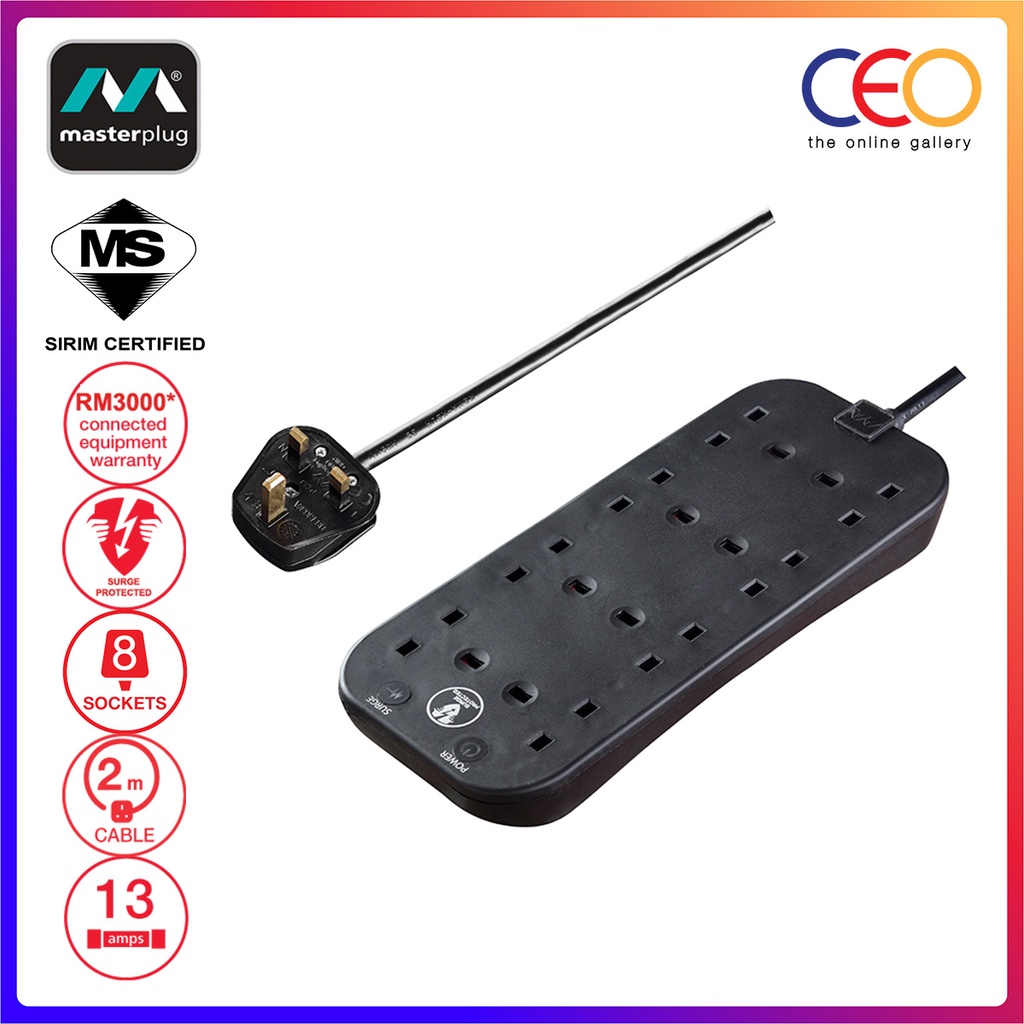 Masterplug Surge Protector 8 Gang 2 Meter Extension Leads Safety ...