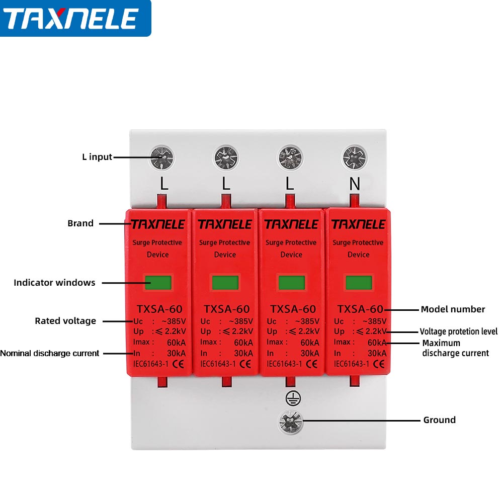 AC SPD 4P 385V 20KA 40KA 60KA House Lightning Surge Protector protection Protective Low-voltage ...