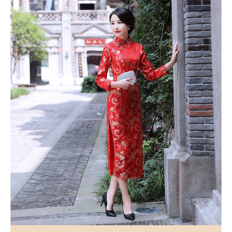 [Dsmyz] Red Cheongsam Long Sleeve Print Baju Tradisitonal Cina Tahun ...