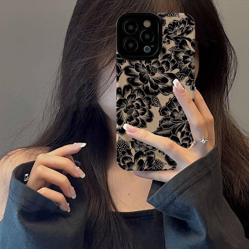 Vintage Black Flower casing phone case cute for iPhone 15 14 11 Pro Max ...