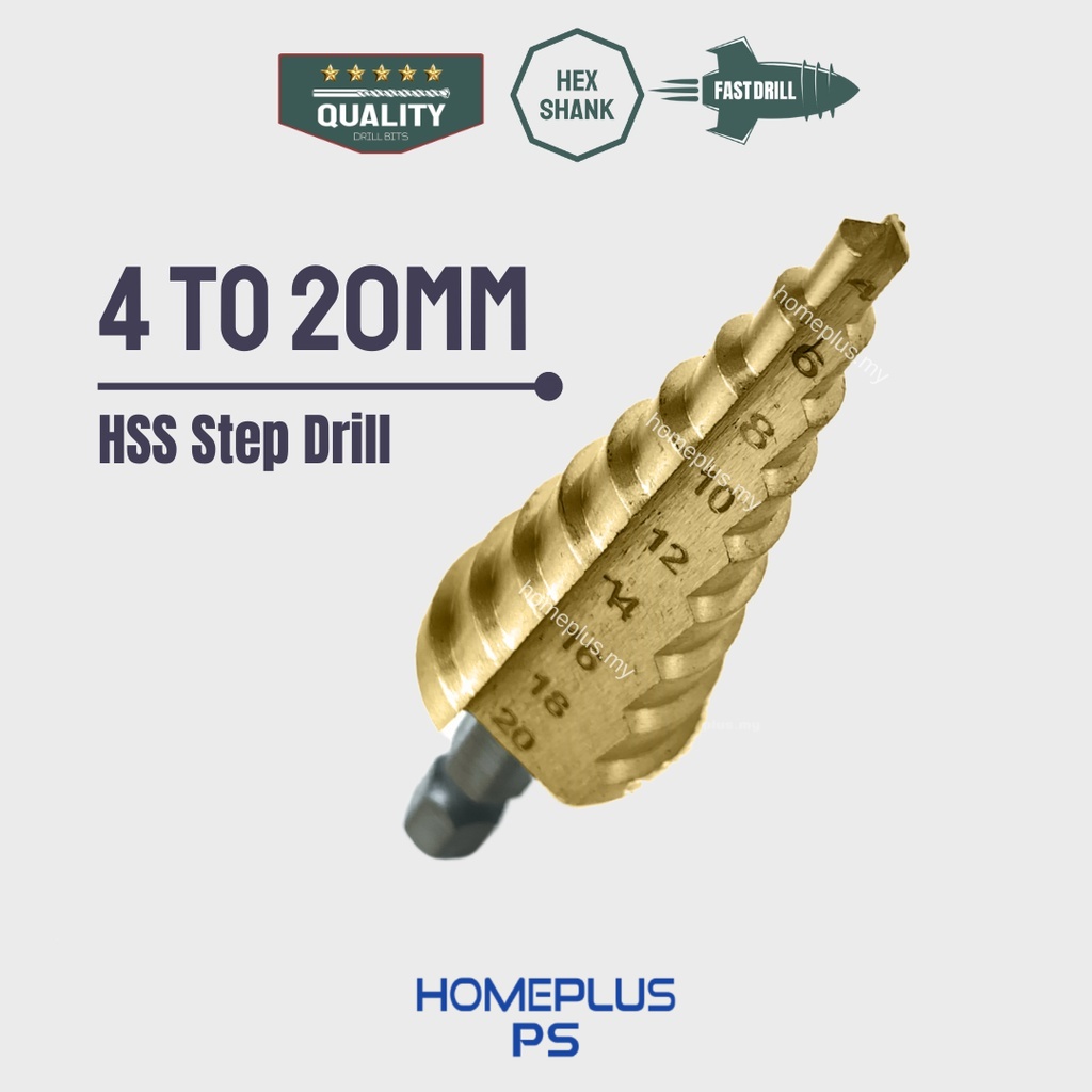 HSS 4 to 20mm Step Drill Bit Titanium Coated Drilling Metal Steel Wood ...