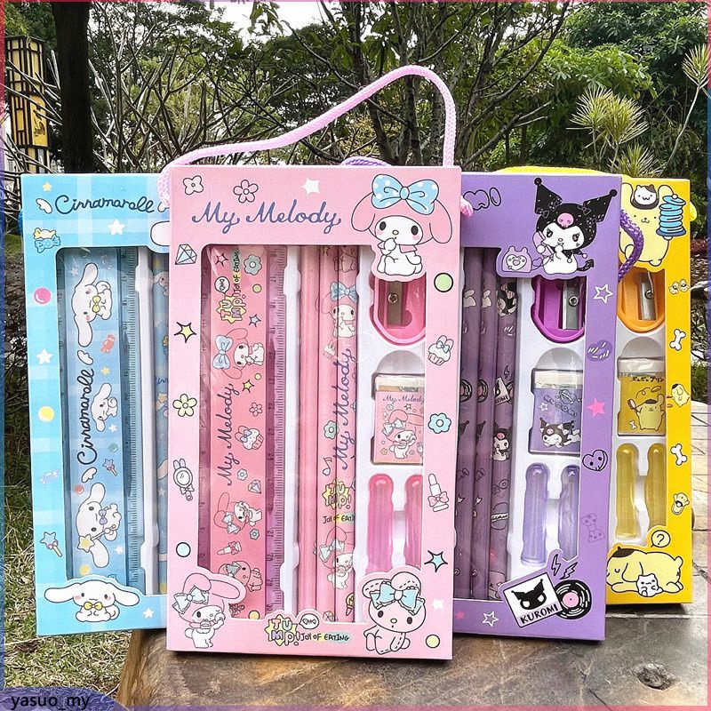 Sanrio Stationery Set 3 Pencils/2 Pen Caps/2 Folding Rulers/1 Eraser/1 ...