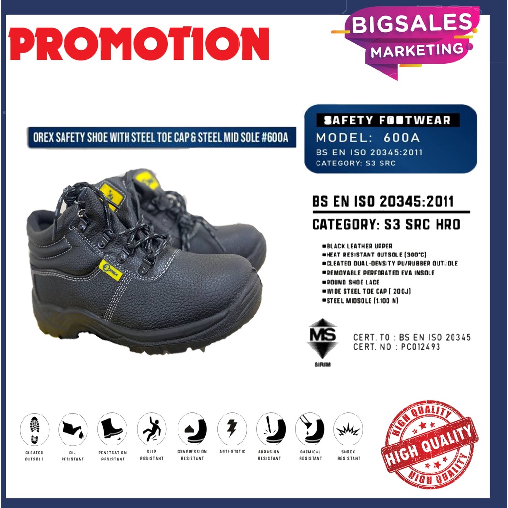 Orex #600A Safety Shoes With Sirim Steel Black Leather Mid Cut 600A ...