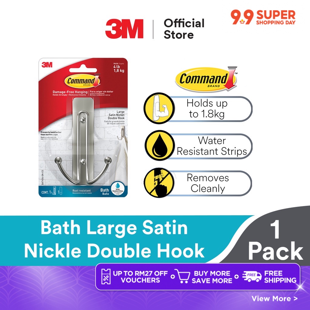 3M Command BATH 36 Wall Adhesive Rust Resistant Large Double Hook Satin ...