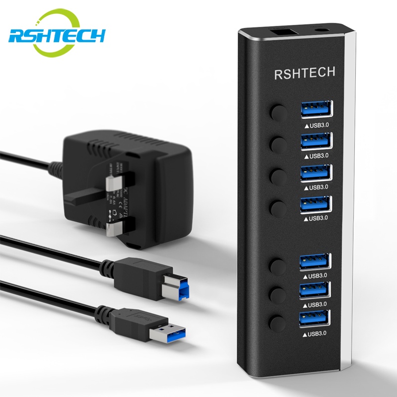 RSHTECH A37S USB Hub 3.0 Powered Aluminum 7 Ports USB3.0 Data Hub Splitter with 24W 12V/2A Power ...