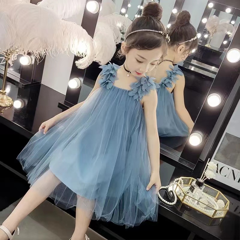 2-14Years Kids Girls Mesh Dress Blue Floral Princess Dresses | Shopee ...