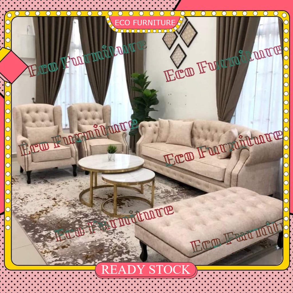 Sofa Baldu Berkusyen Tebal Berlilit Butang Sofa Set 3 Seater + 1 Seater ...