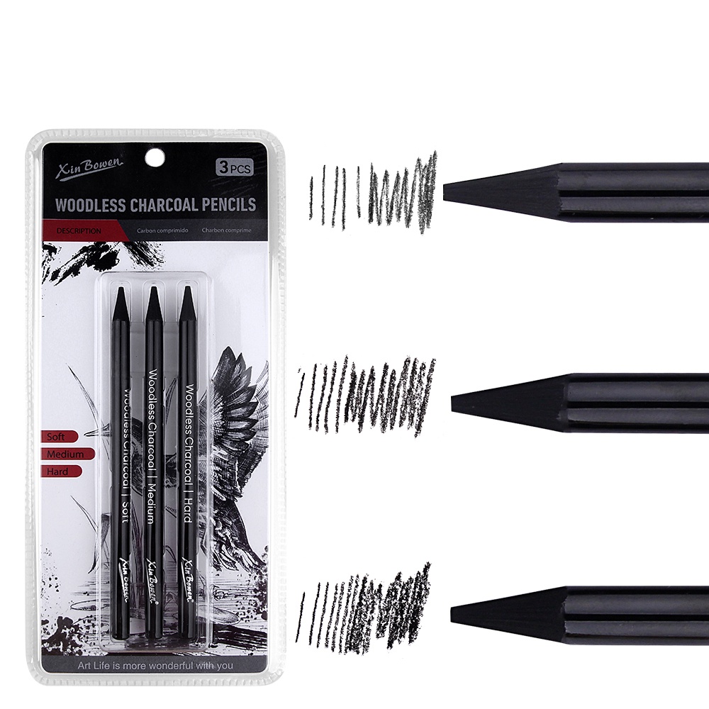 Ossayi 3 Pack Artists Woodless Charcoal Pencil Set Soft, Medium and ...