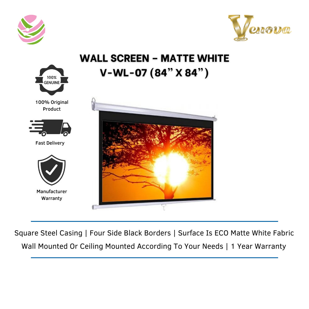 VENOVA 84” x 84” WALL SCREEN PROJECTOR V-WL-07 – MATTE WHITE (7' x 7 ...