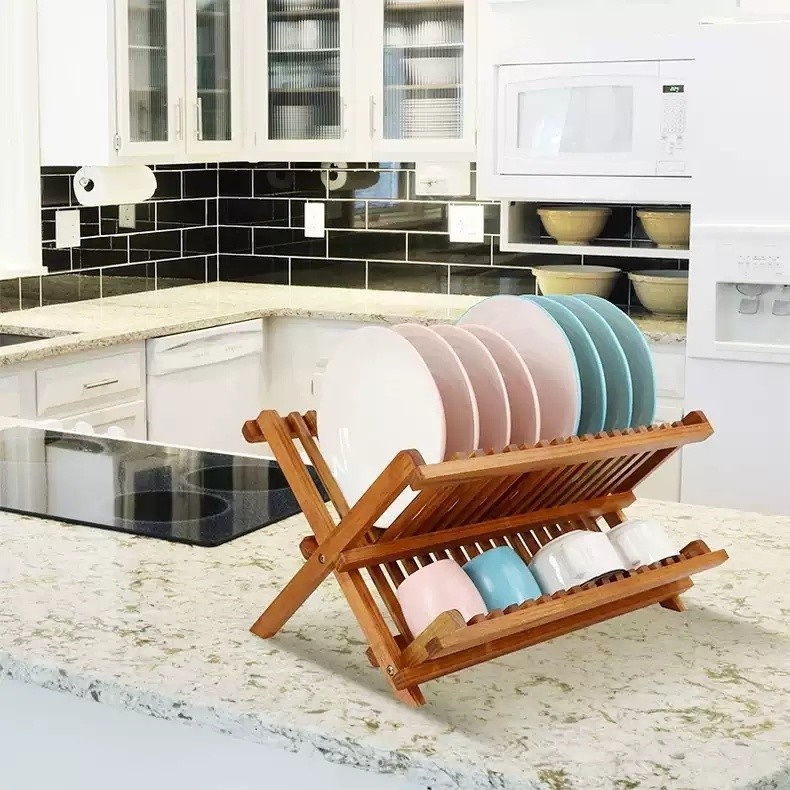 Dish Drain Rack Dish Rack Tableware Storage Rack Household Teak Double ...
