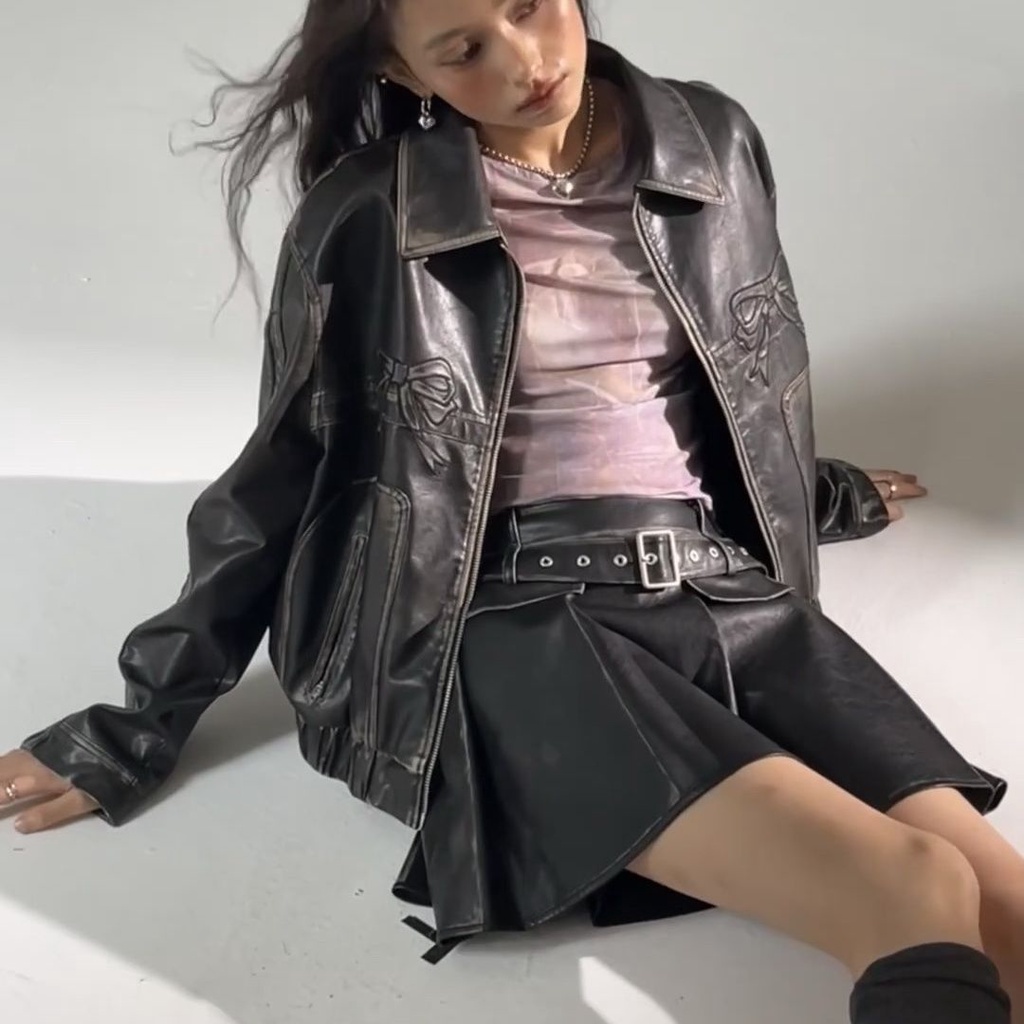 【Boutique】Millennium Hot Girl Bowknot Motorcycle Leather Jacket Women ...