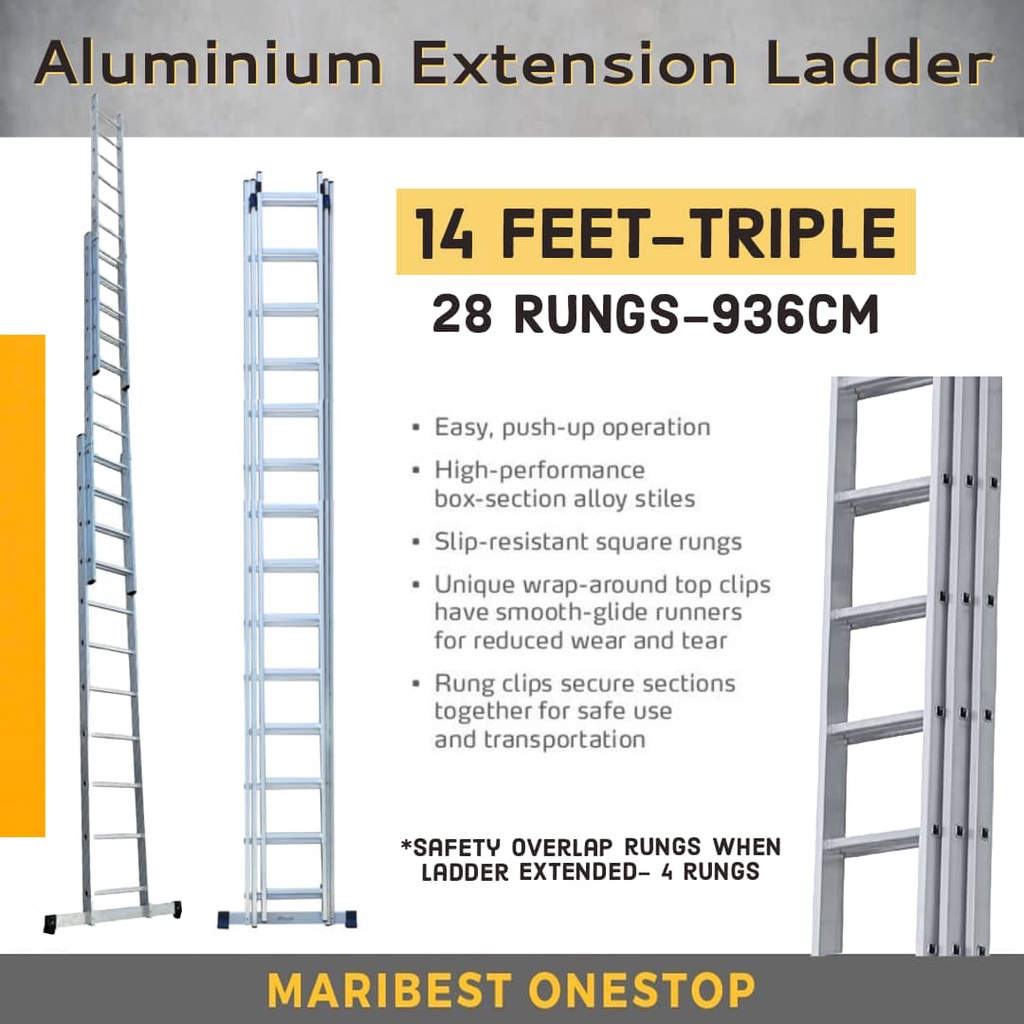 14 Feet 42 Steps Triple Extension Telescopic Ladder Heavy Duty Foldable ...