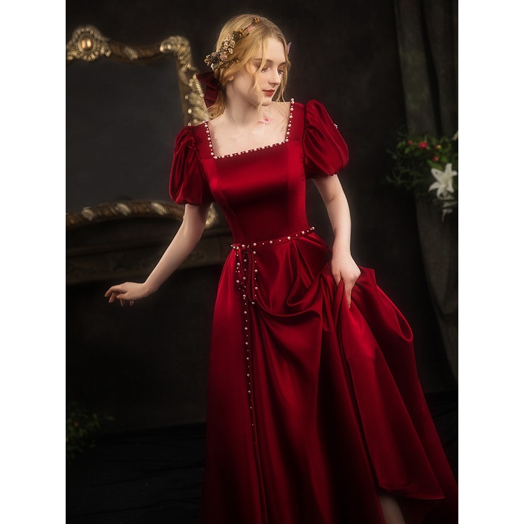 Wine Red Satin Wedding Toast Dress Light Luxury Puff Sleeve Square Neck ...