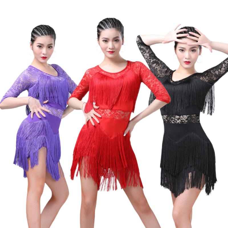 New Latin Dance Fringed Skirt Mid-Sleeved Lace Dance Costume ...