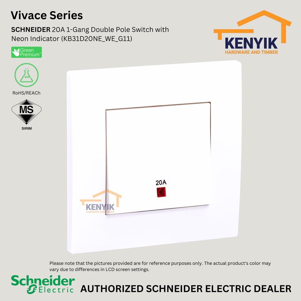 SCHNEIDER 20A 1-Gang Double Pole Switch with Neon Indicator (Vivace ...