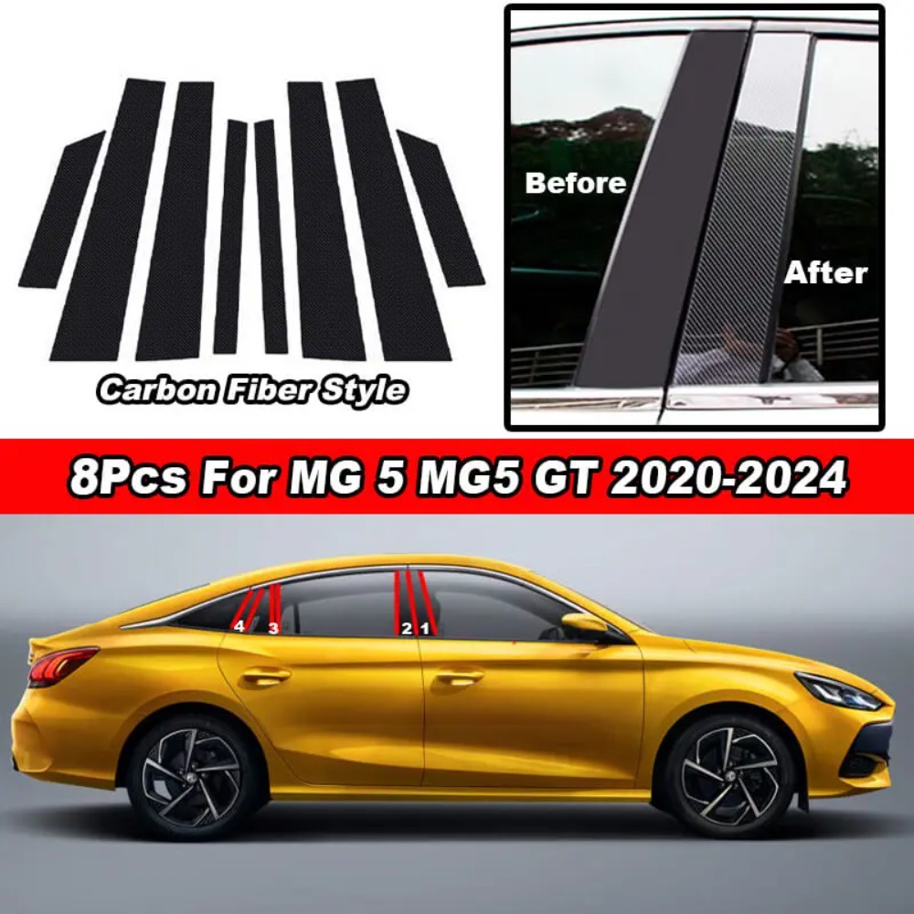 8Pcs Glossy Carbon Fiber PC Material Car Door Window Center Middle B C ...