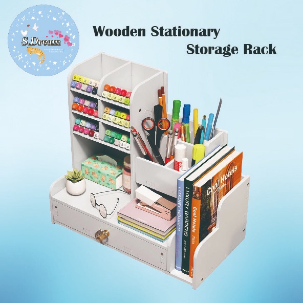 S.D Wooden Stationary Storage Rack Pen Holder Box Rak Alat Tulis Rak ...