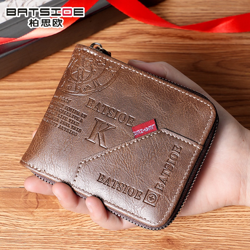 European Style Men's Short Wallet Bi-fold Retro Zipper Multi Slots Card ...