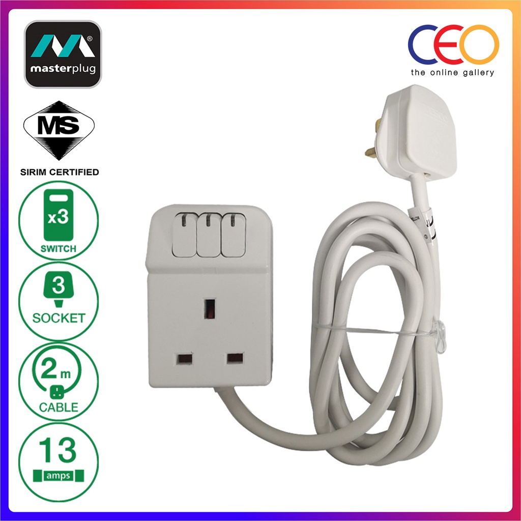 Masterplug Switched Individual Power 3 Gang 2 Meter 13amp Extension ...