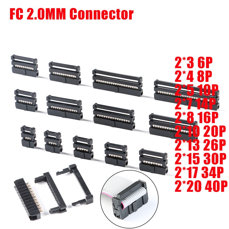 10PCS 2.0MM pitch FC-6/8/10/16/20-40/50 PIN Female Header IDC Socket Connector FOR Flat ribbon ...