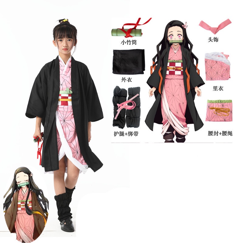 Kids Anime Demon Slayer Kimetsu No Yaiba Nezuko Cosplay Wigs Kimono ...