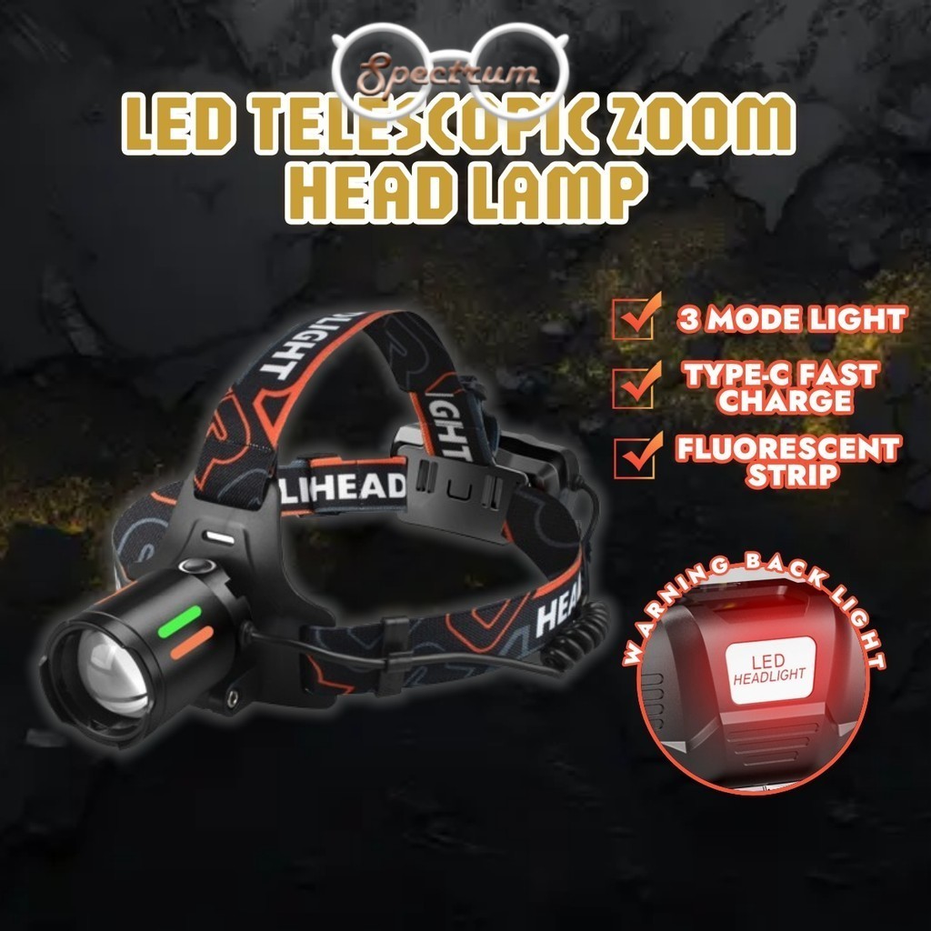 Telescopic Zoom 3 Modes Headlamp With Warning Red Light Type-C ...