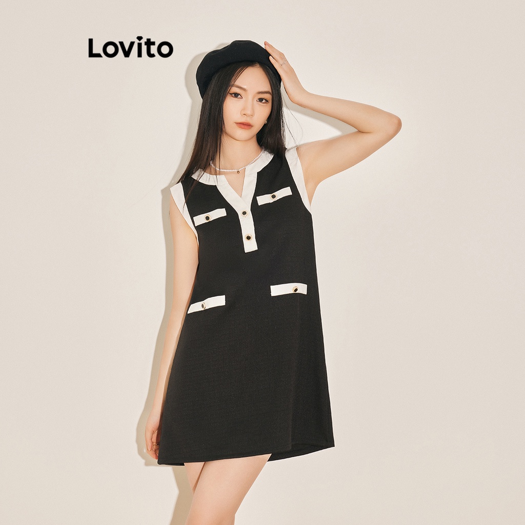 Lovito Casual Plain Colorblock Button Dress for Women L61AD067 (Pink ...