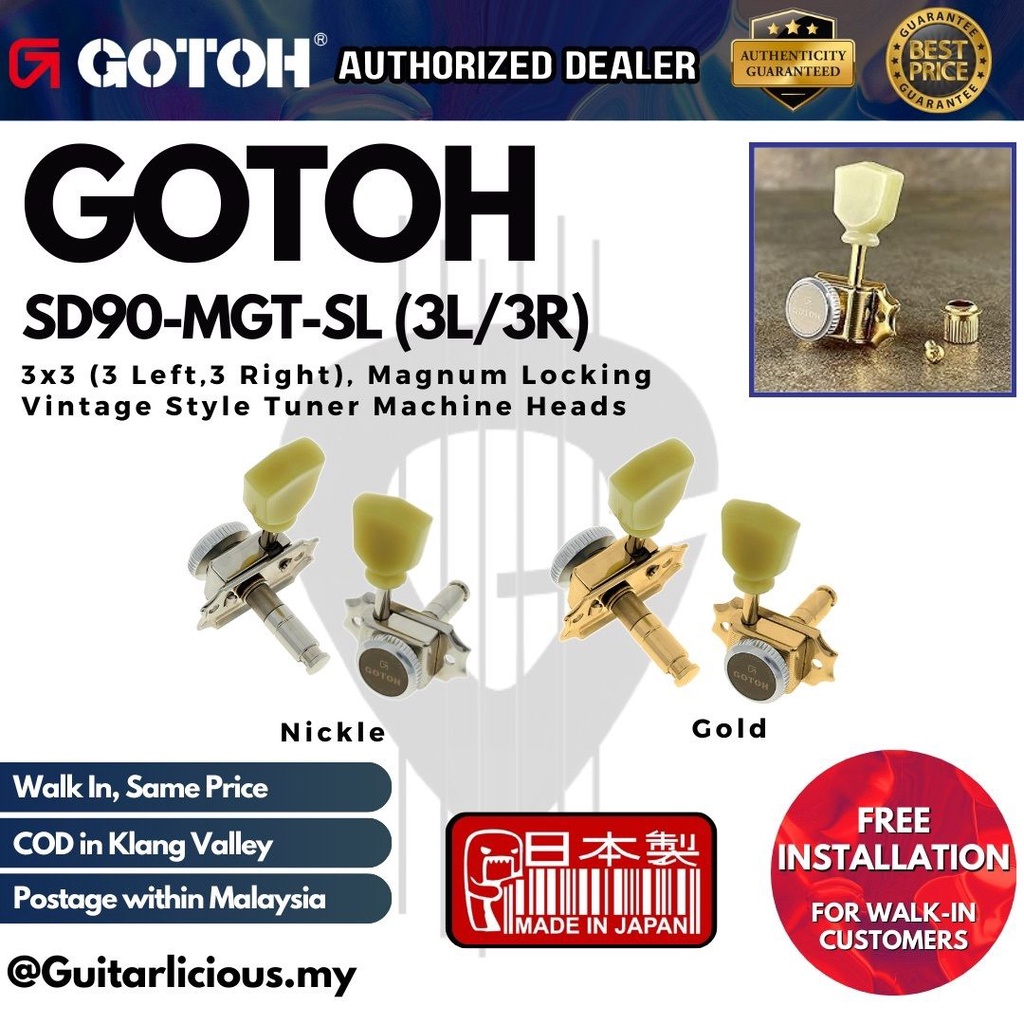 GOTOH SD90-MGT-SL Vintage Style 3x3 (3L,3R) Magnum Locking Tuner Machine Heads SD90SL / SD-90 MG ...