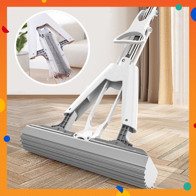 Foldable Sponge Mop Set Hands Free Squeeze PVA Wipe Dry Extendable ...