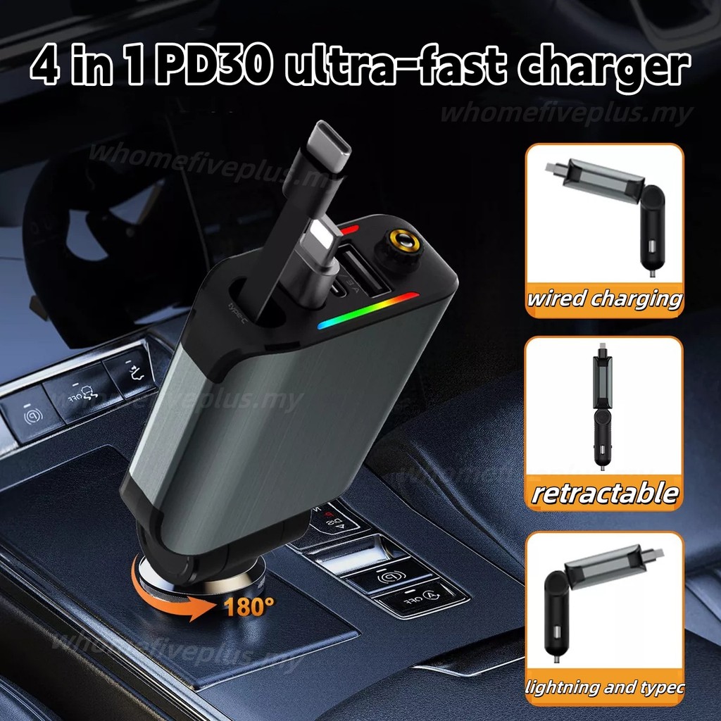 【MY STOCK】120W 4 In 1 PD30 Car Charger New Scalable Cable Fast Charge ...