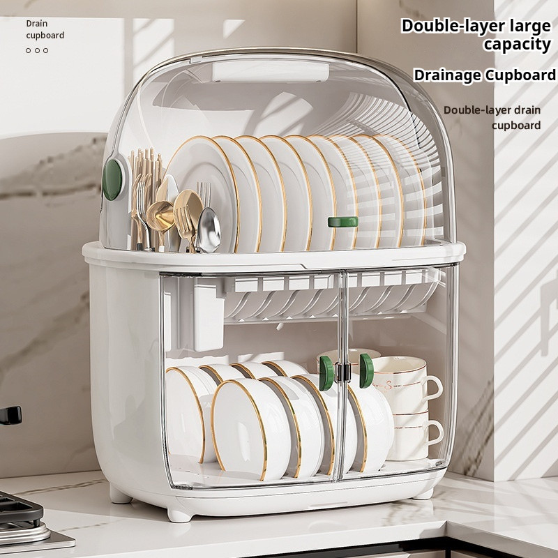 2 Layer Dish Rack with Cover Dish Storage with Lid Dish Drainer Kitchen ...