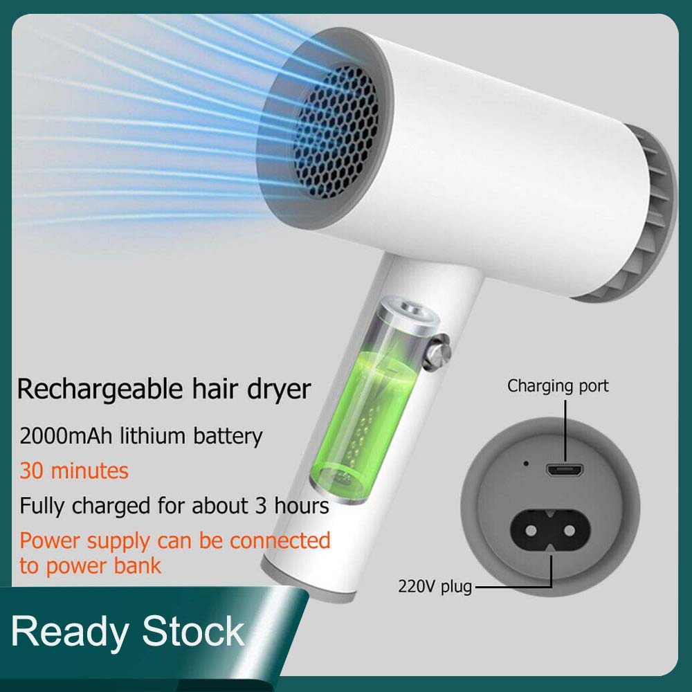 Rechargeable Wireless Cordless Hair Dryer Versatile Portable Blower DC ...