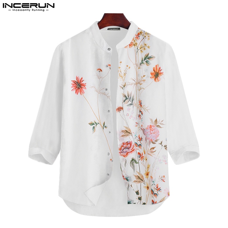 INCERUN Men Three-Quarter Sleeve Floral Printing Cotton Linen Shirts ...