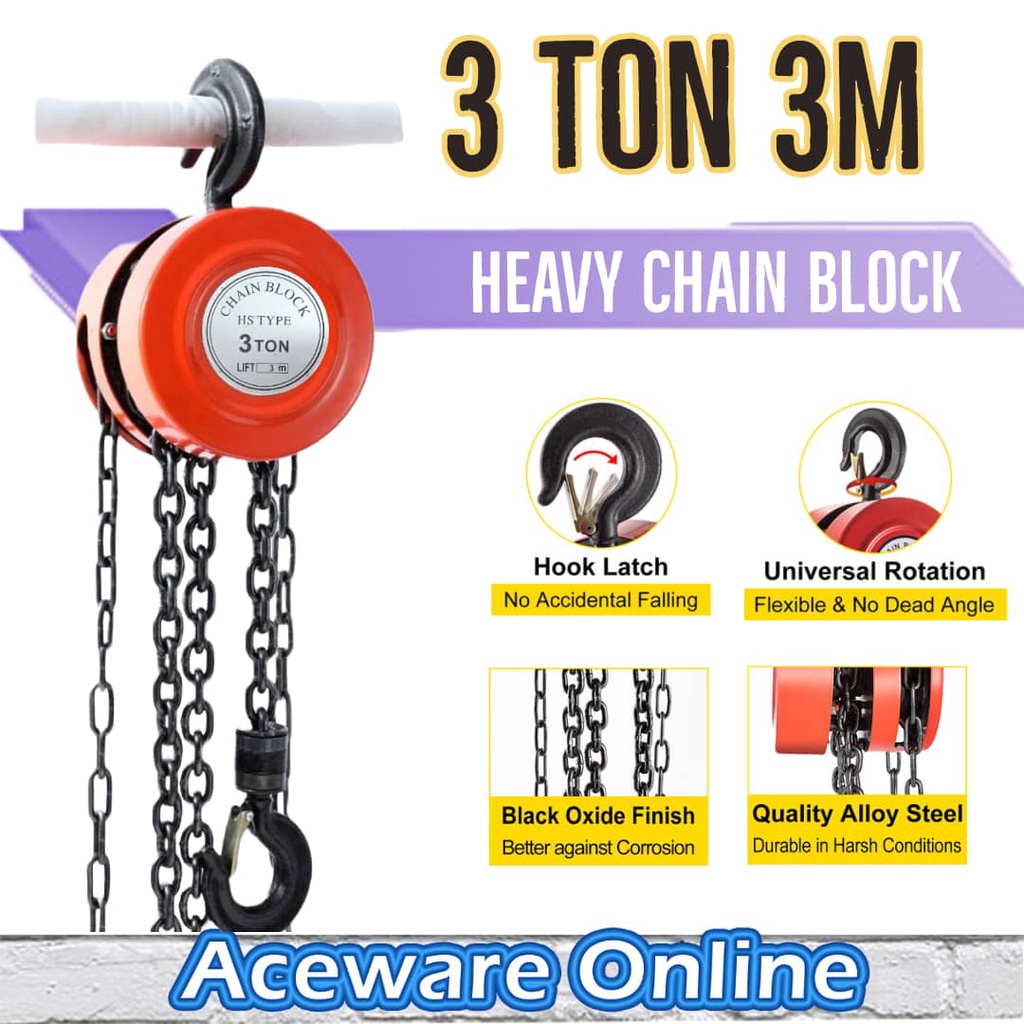 3Ton Heavy Duty Chain Block Lifting 3 Meter HS-type Chain Hoist Rantai ...