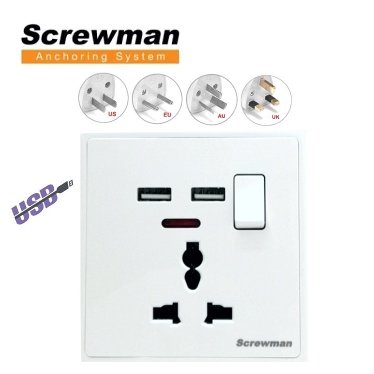 Screwman 13A Multi Wall Switch Socket with Double 2.1A USB Port ...