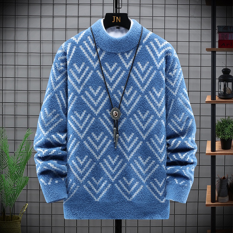 Fashion Men's Long Sleeve Sweater Pullover Diamond Pattern Winter Warm ...