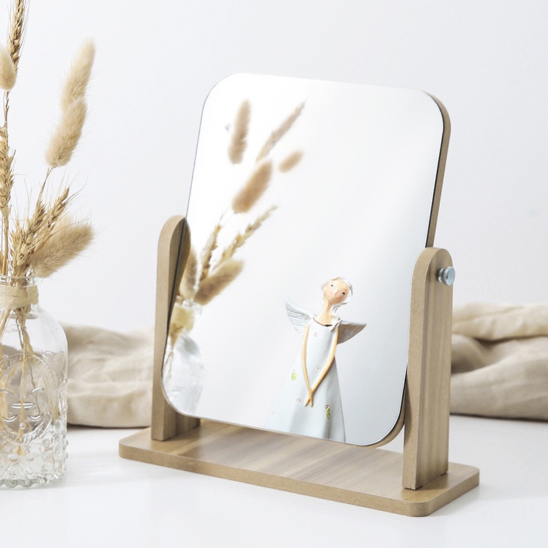 Minimalist Wooden Desk Mirror 360 Degree Swivel Single-Sided Makeup ...