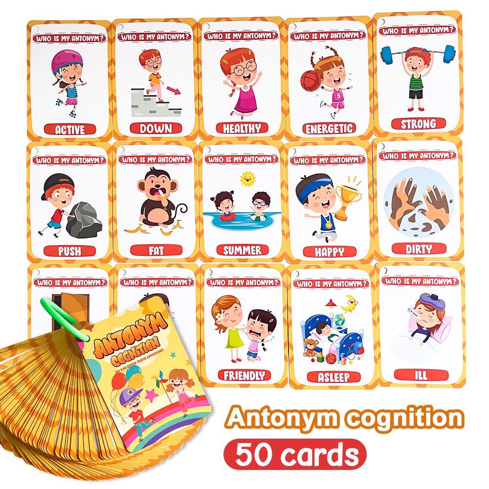 50Pcs Antonyms Cognition Flash Cards Homeschool Montessori Educational ...