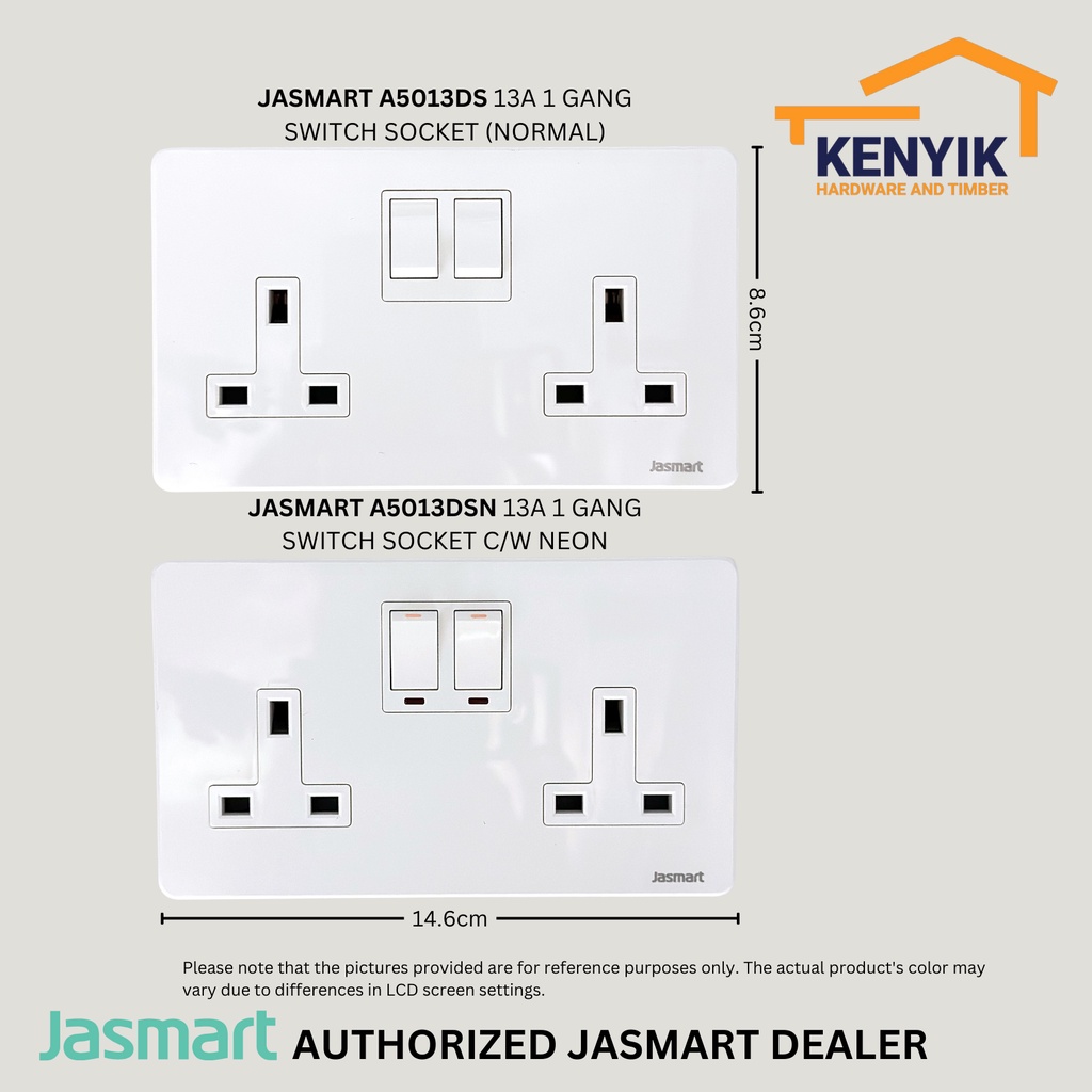 JASMART 13A 2-Gang Twin Switch Socket Outlet (c/w Neon) (A-Series White ...