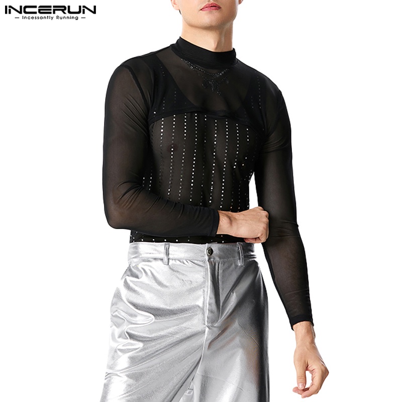 INCERUN Men Rhinestone Mesh See-Through Two-Piece Triangle Bodysuits ...