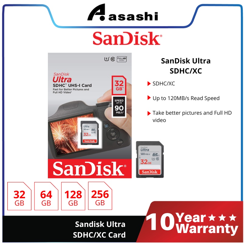 Sandisk Ultra 32GB / 64GB / 128GB / 256GB SDHC/XC Card (Up to 120MB/s ...